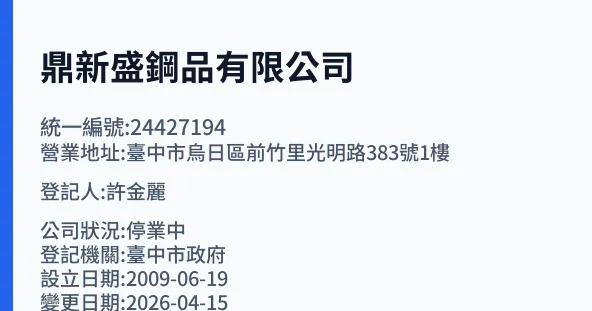 鼎新盛鋼品有限公司的照片-統編 24427194(臺中市) 公司登記資料與營業項目詳細圖表