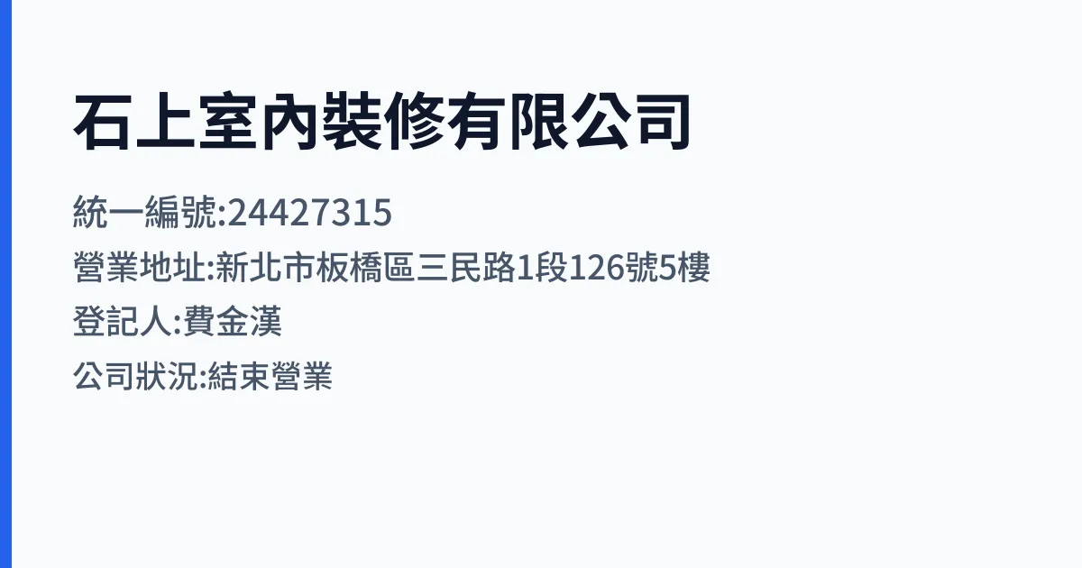 石上室內裝修有限公司 - 統編 24427315(新北市) 公司登記資料與營業項目詳細圖表