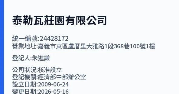 泰勒瓦莊園有限公司的照片-統編 24428172(嘉義市) 公司登記資料與營業項目詳細圖表