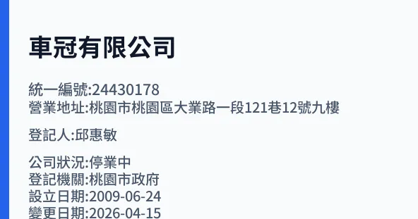 車冠有限公司的照片-統編 24430178(桃園市) 公司登記資料與營業項目詳細圖表