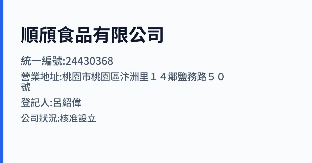 順頎食品有限公司 - 統編 24430368(桃園市) 公司登記資料與營業項目詳細圖表