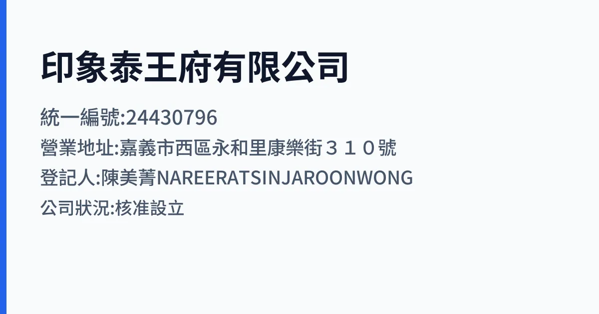 印象泰王府有限公司 - 統編 24430796(嘉義市) 公司登記資料與營業項目詳細圖表