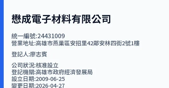 懋成電子材料有限公司的照片-統編 24431009(高雄市) 公司登記資料與營業項目詳細圖表