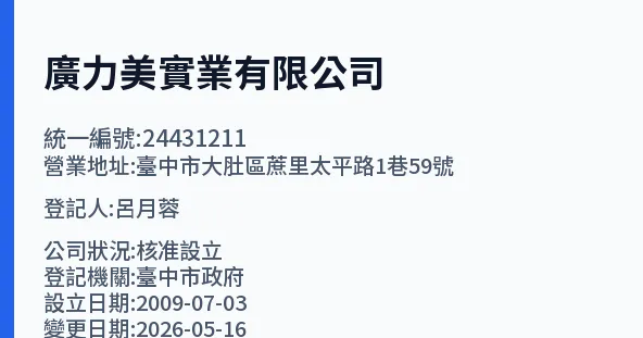 廣力美實業有限公司的照片-統編 24431211(臺中市) 公司登記資料與營業項目詳細圖表