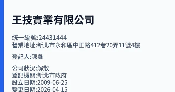 王技實業有限公司的照片-統編 24431444(新北市) 公司登記資料與營業項目詳細圖表
