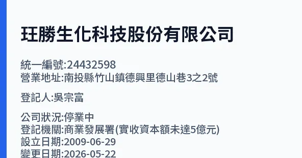 玨勝生化科技股份有限公司的照片-統編 24432598(南投縣) 公司登記資料與營業項目詳細圖表