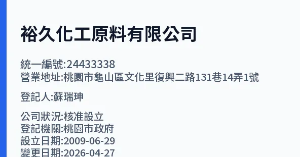 裕久化工原料有限公司的照片-統編 24433338(桃園市) 公司登記資料與營業項目詳細圖表