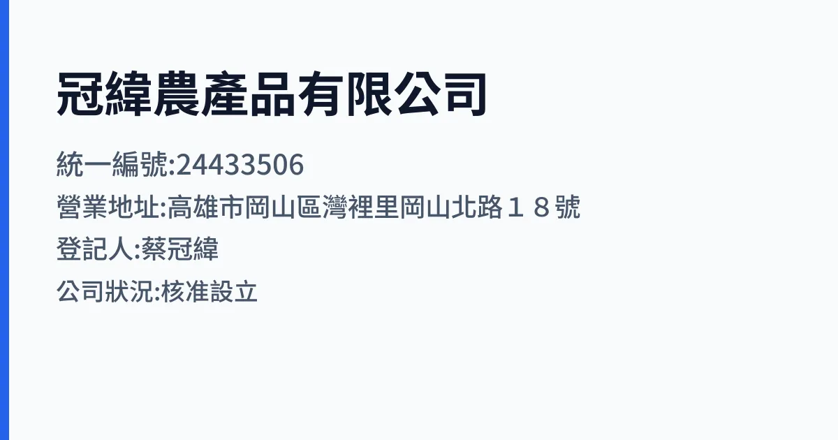 冠緯農產品有限公司 - 統編 24433506(高雄市) 公司登記資料與營業項目詳細圖表
