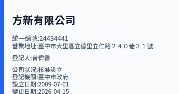 方新有限公司的照片-統編 24434441(臺中市) 公司登記資料與營業項目詳細圖表