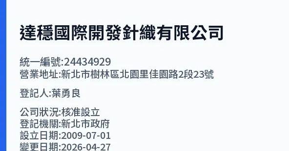 達穩國際開發針織有限公司的照片-統編 24434929(新北市) 公司登記資料與營業項目詳細圖表