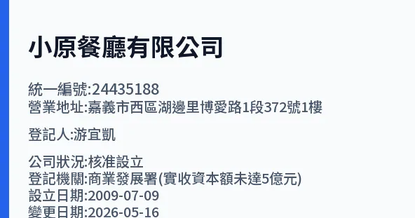 小原餐廳有限公司的照片-統編 24435188(嘉義市) 公司登記資料與營業項目詳細圖表