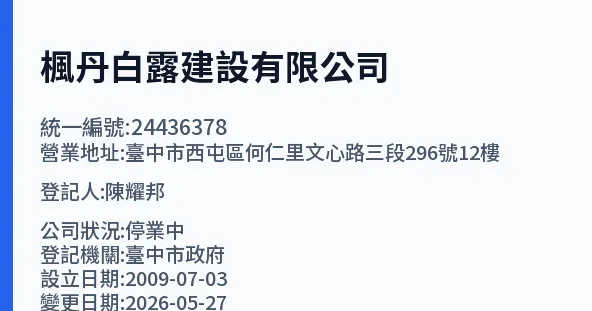 楓丹白露建設有限公司的照片-統編 24436378(臺中市) 公司登記資料與營業項目詳細圖表
