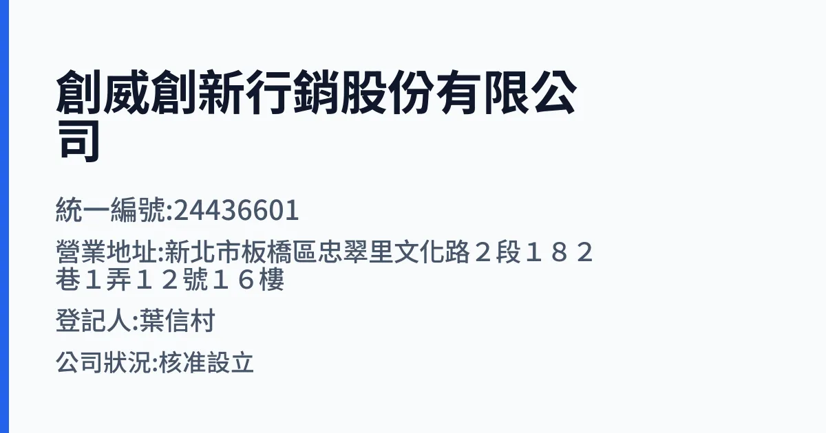 創威創新行銷股份有限公司 - 統編 24436601(新北市) 公司登記資料與營業項目詳細圖表