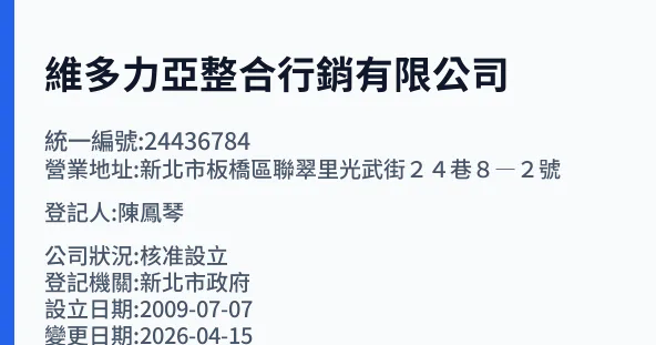 維多力亞整合行銷有限公司的照片-統編 24436784(新北市) 公司登記資料與營業項目詳細圖表