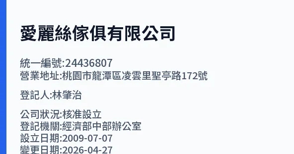 愛麗絲傢俱有限公司的照片-統編 24436807(桃園市) 公司登記資料與營業項目詳細圖表