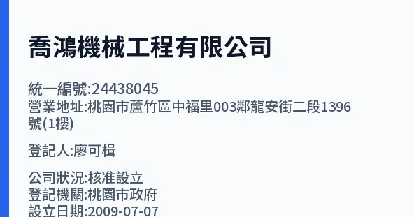 喬鴻機械工程有限公司的照片-統編 24438045(桃園市) 公司登記資料與營業項目詳細圖表