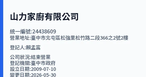 山力家廚有限公司的照片-統編 24438609(臺中市) 公司登記資料與營業項目詳細圖表