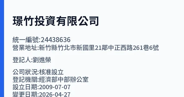璟竹投資有限公司的照片-統編 24438636(新竹縣) 公司登記資料與營業項目詳細圖表
