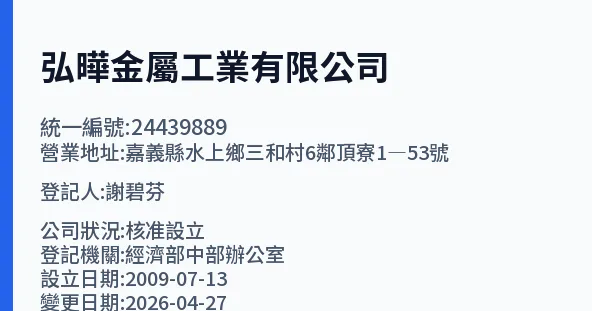 弘曄金屬工業有限公司的照片-統編 24439889(嘉義縣) 公司登記資料與營業項目詳細圖表