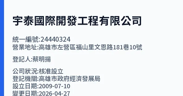 宇泰國際開發工程有限公司的照片-統編 24440324(高雄市) 公司登記資料與營業項目詳細圖表
