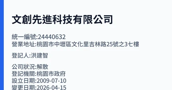 文創先進科技有限公司的照片-統編 24440632(桃園市) 公司登記資料與營業項目詳細圖表