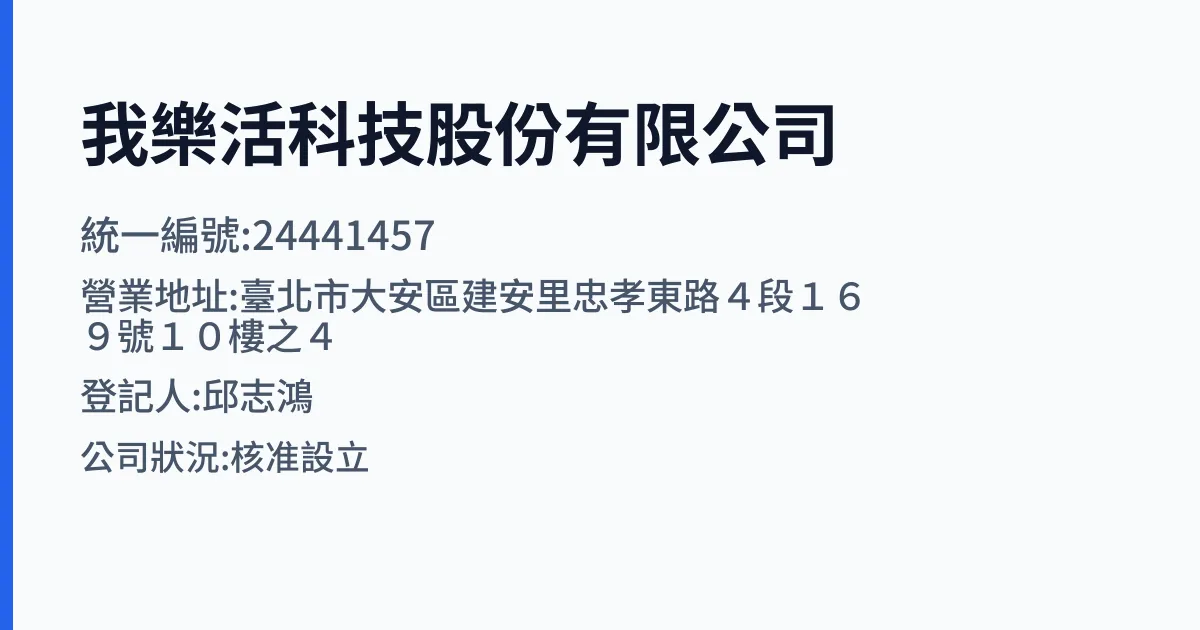 我樂活科技股份有限公司 - 統編 24441457(臺北市) 公司登記資料與營業項目詳細圖表