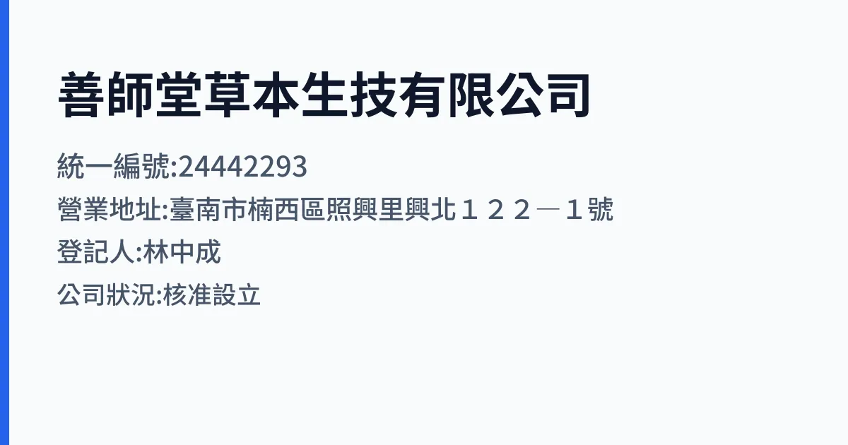 善師堂草本生技有限公司 - 統編 24442293（臺南市） 公司登記資料與營業項目詳細圖表