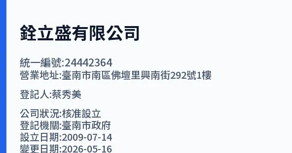 銓立盛有限公司的照片-統編 24442364(臺南市) 公司登記資料與營業項目詳細圖表