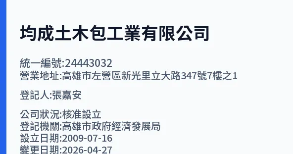 均成土木包工業有限公司的照片-統編 24443032(高雄市) 公司登記資料與營業項目詳細圖表