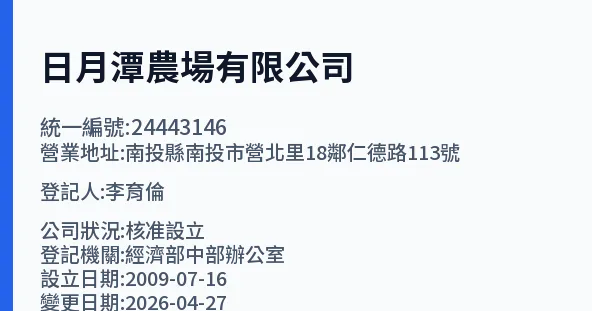 日月潭農場有限公司的照片-統編 24443146(南投縣) 公司登記資料與營業項目詳細圖表