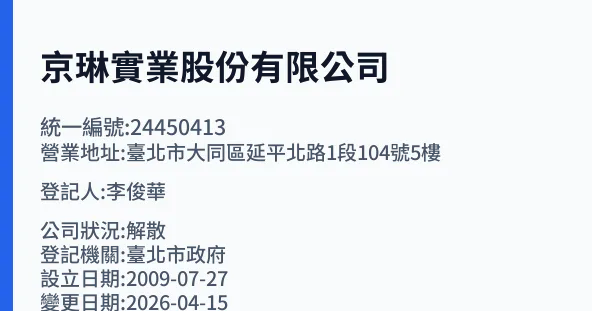 京琳實業股份有限公司的照片-統編 24450413(臺北市) 公司登記資料與營業項目詳細圖表