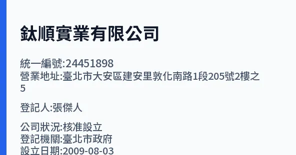 鈦順實業有限公司的照片-統編 24451898(臺北市) 公司登記資料與營業項目詳細圖表