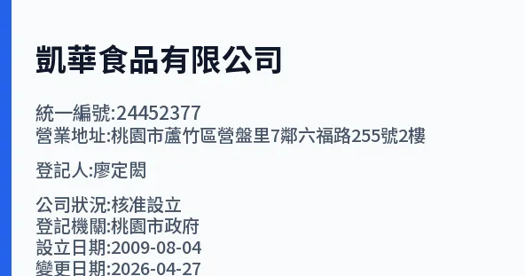 凱華食品有限公司的照片-統編 24452377(桃園市) 公司登記資料與營業項目詳細圖表