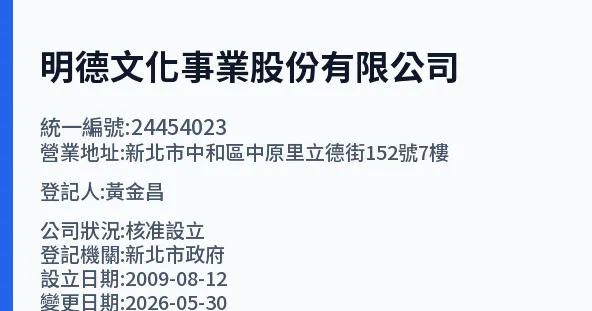 明德文化事業股份有限公司的照片-統編 24454023(新北市) 公司登記資料與營業項目詳細圖表