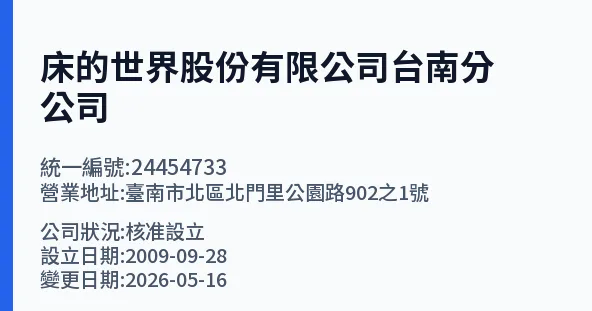床的世界股份有限公司台南分公司的照片-統編 24454733(臺南市) 公司登記資料與營業項目詳細圖表