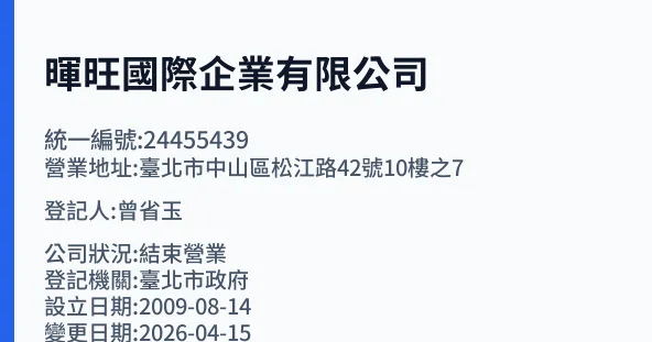 暉旺國際企業有限公司的照片-統編 24455439(臺北市) 公司登記資料與營業項目詳細圖表