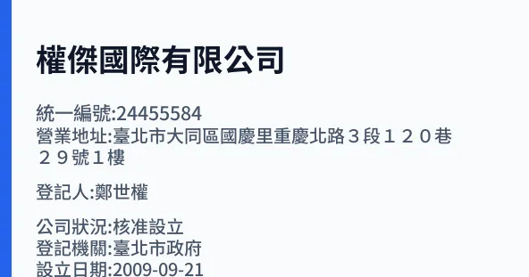 權傑國際有限公司的照片-統編 24455584(臺北市) 公司登記資料與營業項目詳細圖表