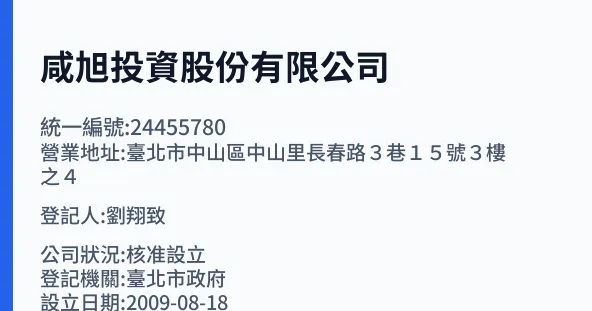 咸旭投資股份有限公司的照片-統編 24455780(臺北市) 公司登記資料與營業項目詳細圖表