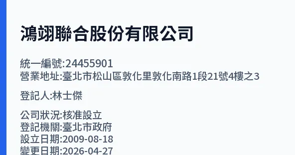 鴻翊聯合股份有限公司的照片-統編 24455901(臺北市) 公司登記資料與營業項目詳細圖表
