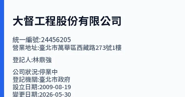 大督工程股份有限公司的照片-統編 24456205(臺北市) 公司登記資料與營業項目詳細圖表
