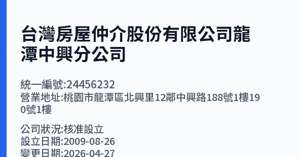 台灣房屋仲介股份有限公司龍潭中興分公司的照片-統編 24456232(桃園市) 公司登記資料與營業項目詳細圖表