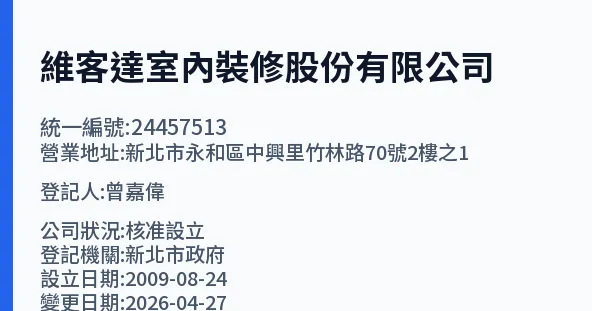 維客達室內裝修股份有限公司的照片-統編 24457513(新北市) 公司登記資料與營業項目詳細圖表