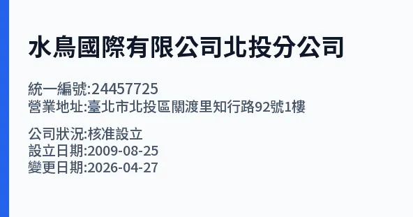 水鳥國際有限公司北投分公司的照片-統編 24457725(臺北市) 公司登記資料與營業項目詳細圖表