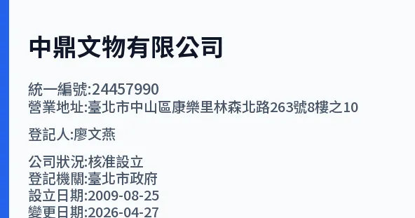 中鼎文物有限公司的照片-統編 24457990(臺北市) 公司登記資料與營業項目詳細圖表