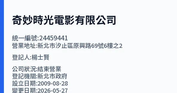 奇妙時光電影有限公司的照片-統編 24459441(新北市) 公司登記資料與營業項目詳細圖表