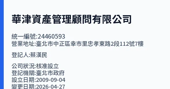 華津資產管理顧問有限公司的照片-統編 24460593(臺北市) 公司登記資料與營業項目詳細圖表