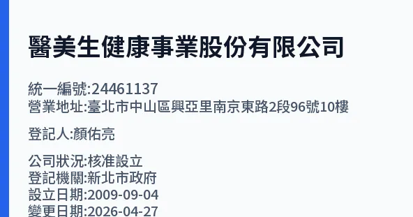 醫美生健康事業股份有限公司的照片-統編 24461137(臺北市) 公司登記資料與營業項目詳細圖表
