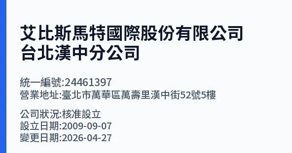 艾比斯馬特國際股份有限公司台北漢中分公司的照片-統編 24461397(臺北市) 公司登記資料與營業項目詳細圖表