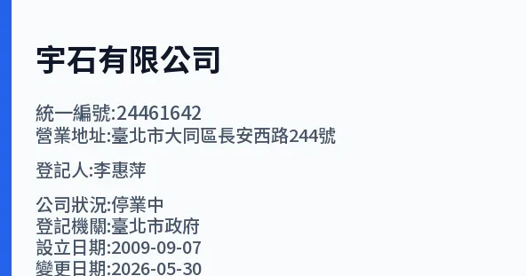 宇石有限公司的照片-統編 24461642(臺北市) 公司登記資料與營業項目詳細圖表
