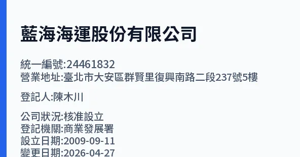 藍海海運股份有限公司的照片-統編 24461832(臺北市) 公司登記資料與營業項目詳細圖表